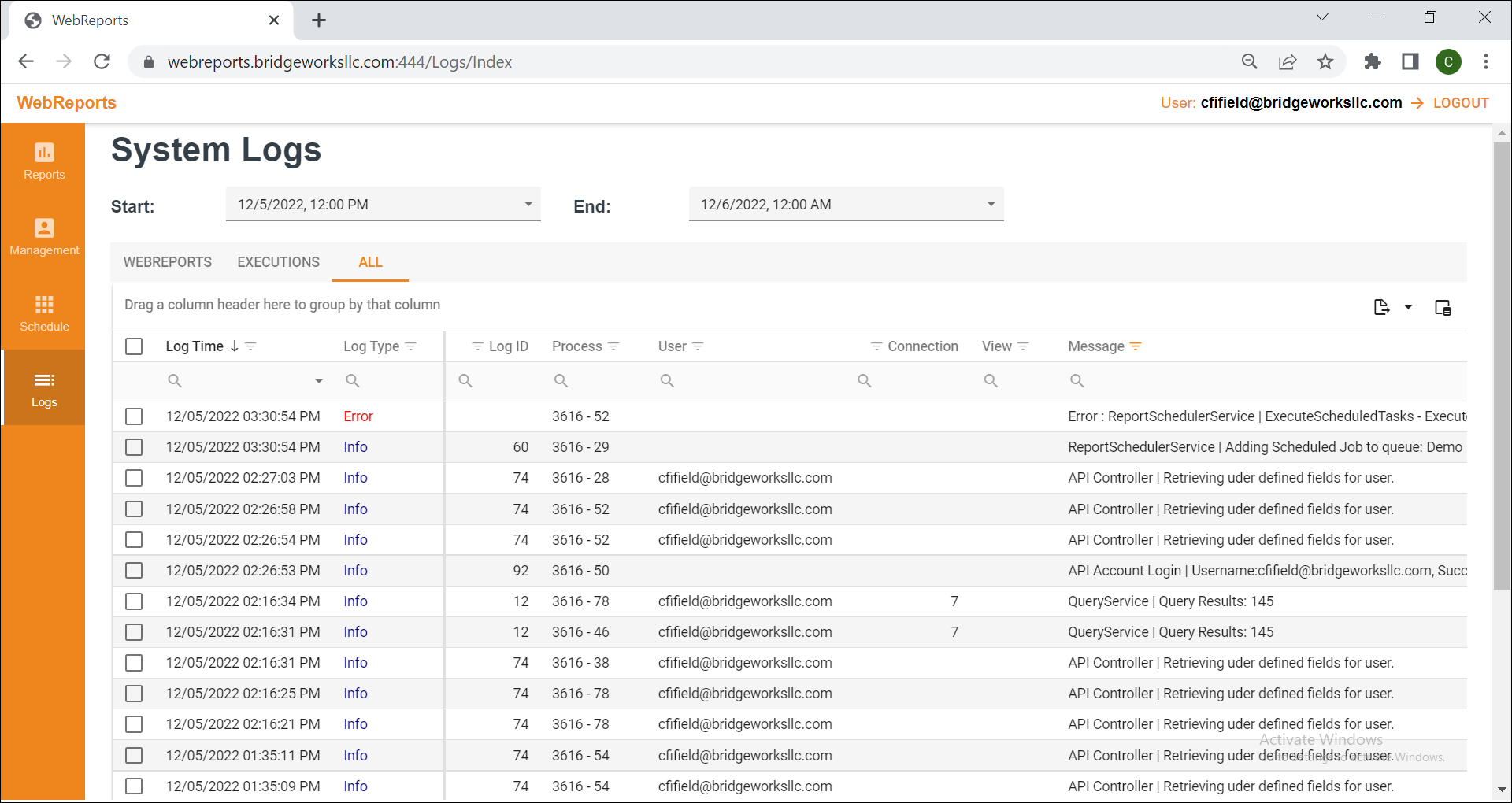 All Logs – BridgeWorks Help Center