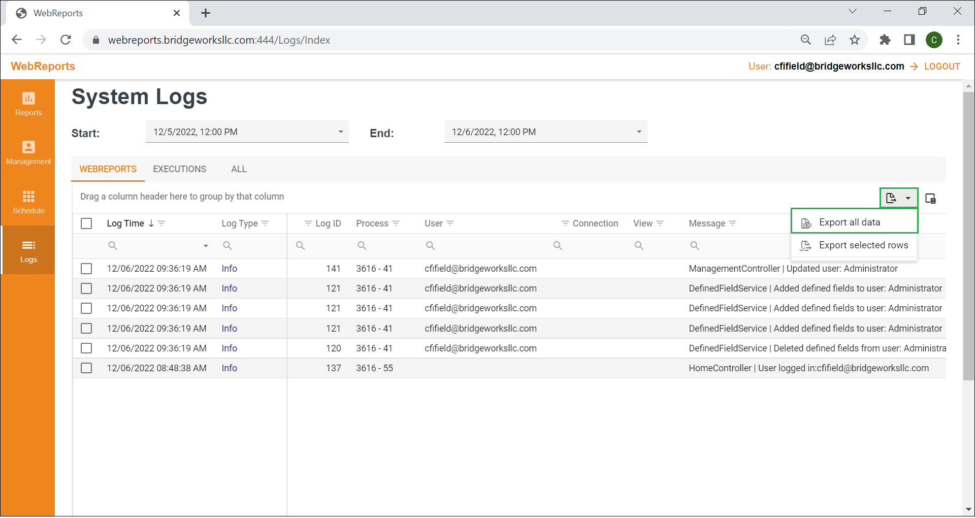 Export Logs – BridgeWorks Help Center