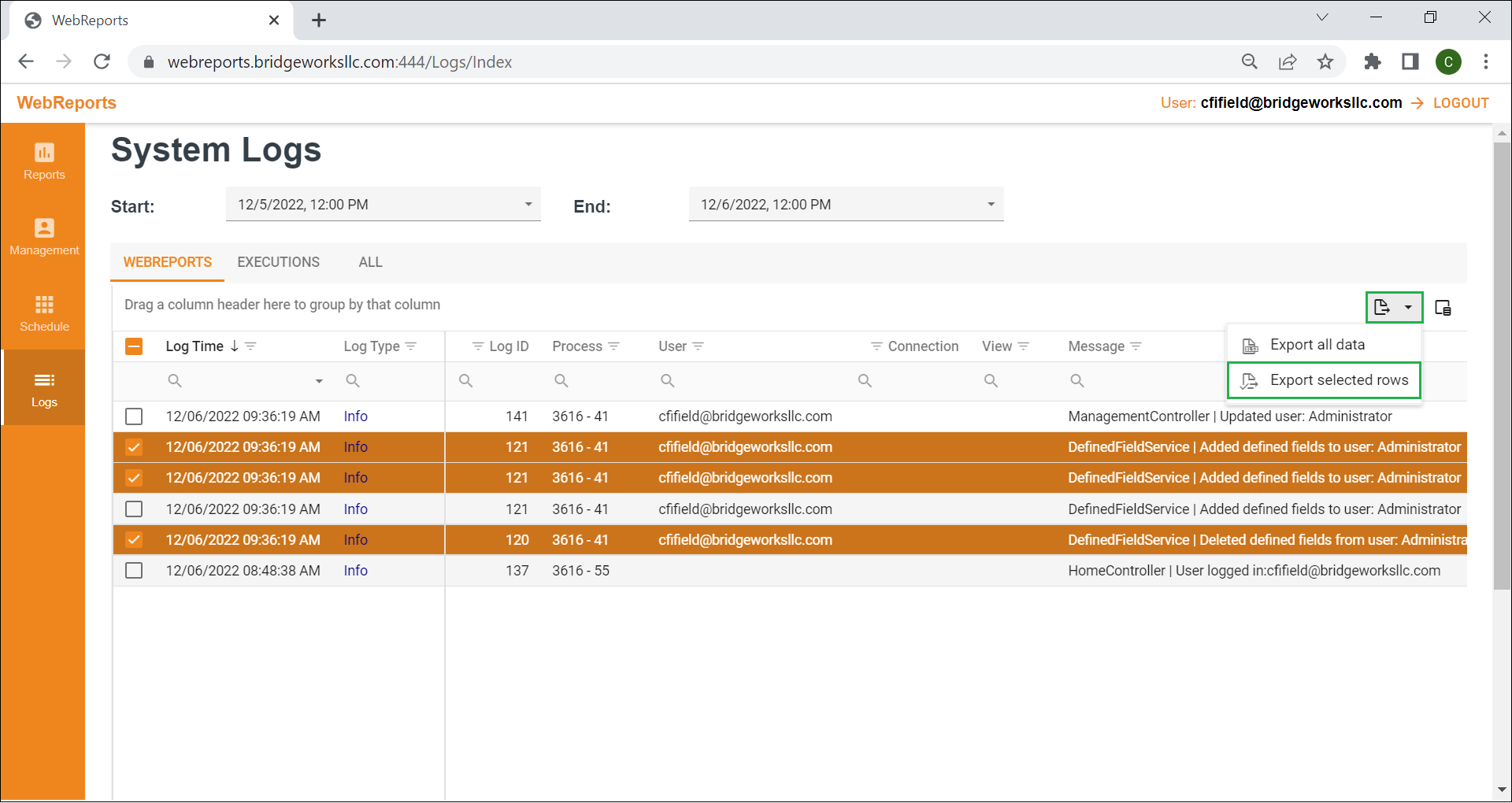 Export Logs – BridgeWorks Help Center