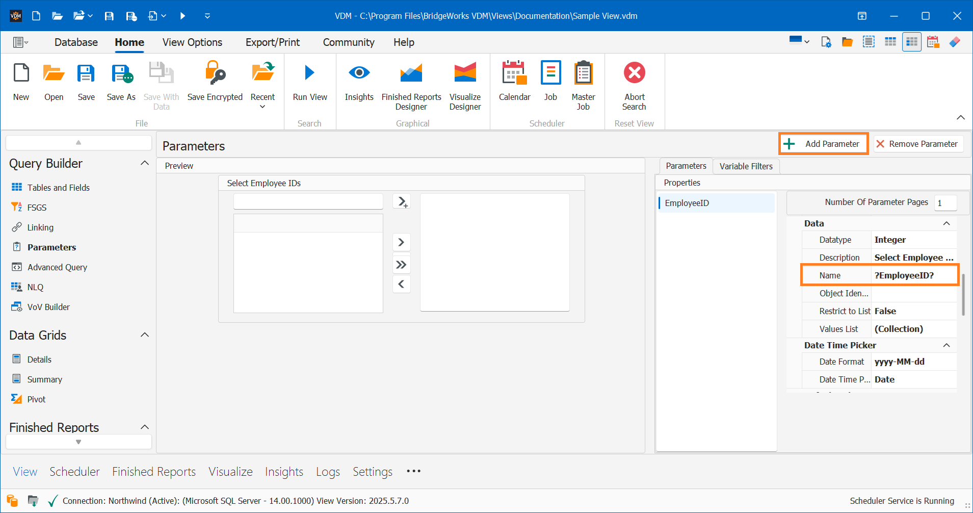 Creating Parameters with Dynamic Queries in VDM – BridgeWorks Help Center